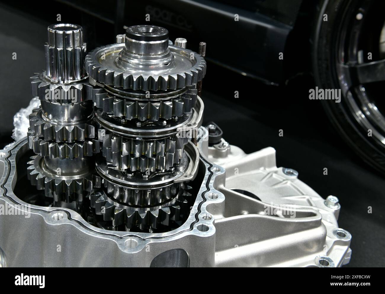 Closeup open car gearbox automatic transmission part on black ...
