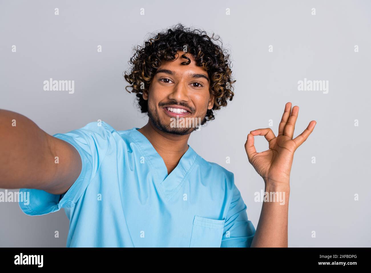 Photo of doctor guy make selfie show okay symbol isolated grey color ...