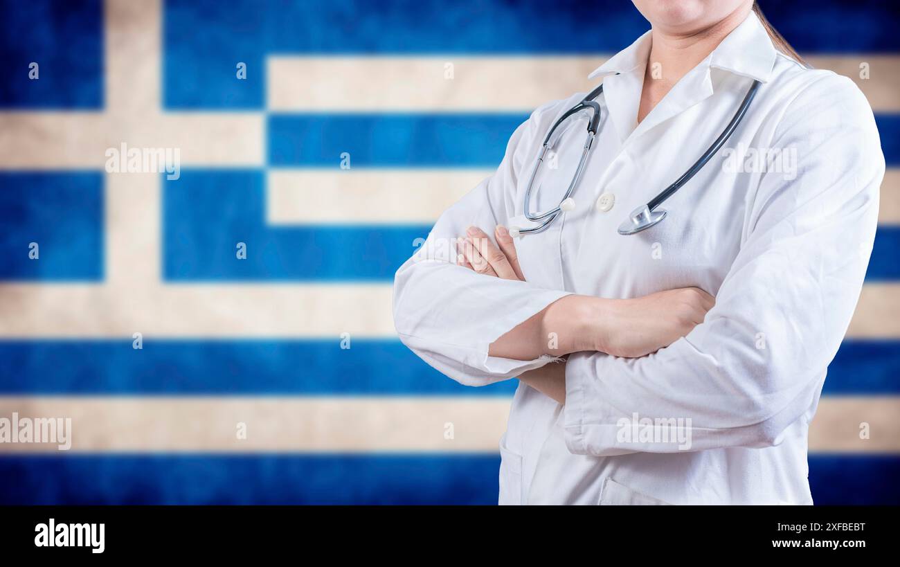 Healthcare concept with Greece flag in background. Female doctor with ...