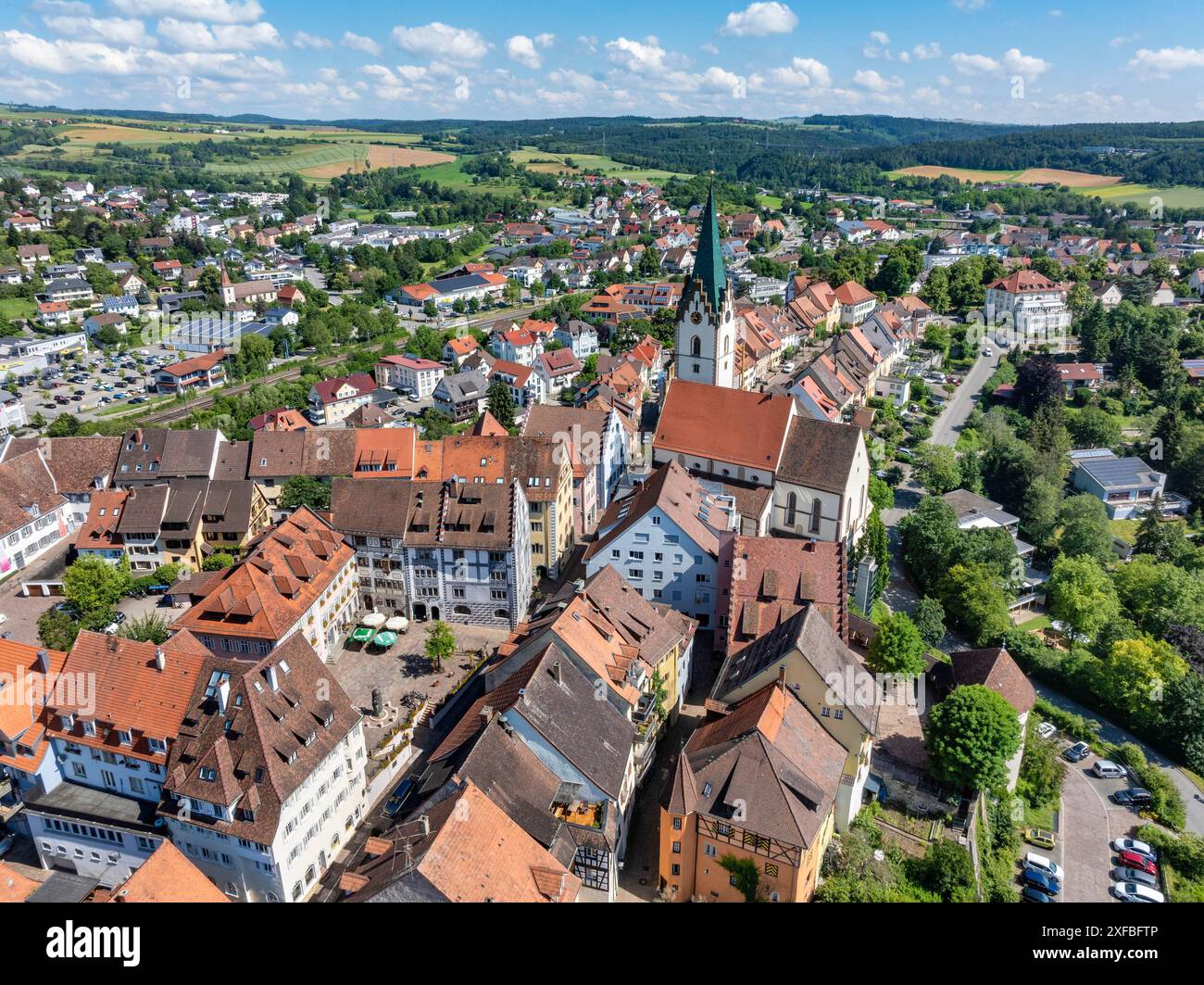 Aerial view of the town of Engen in Hegau with the town hall square and ...