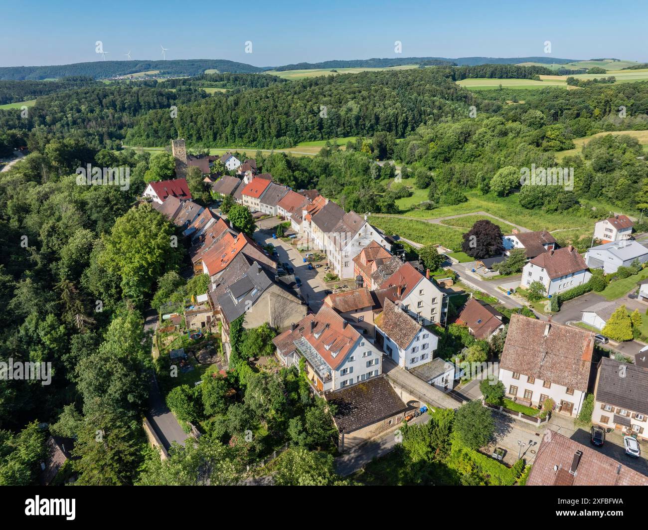 Aerial view of the old town centre of Tengen with the ruins of the ...