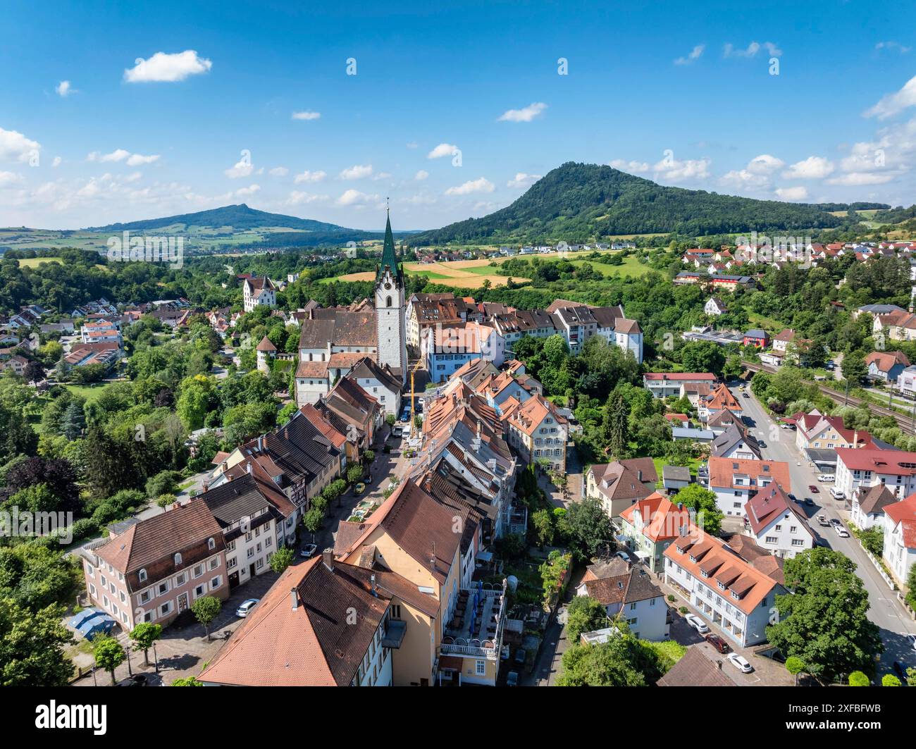 Aerial view of the town of Engen in Hegau with the Church of the ...