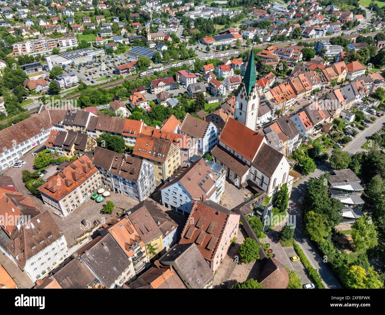 Aerial view of the town of Engen in Hegau with the town hall square and ...