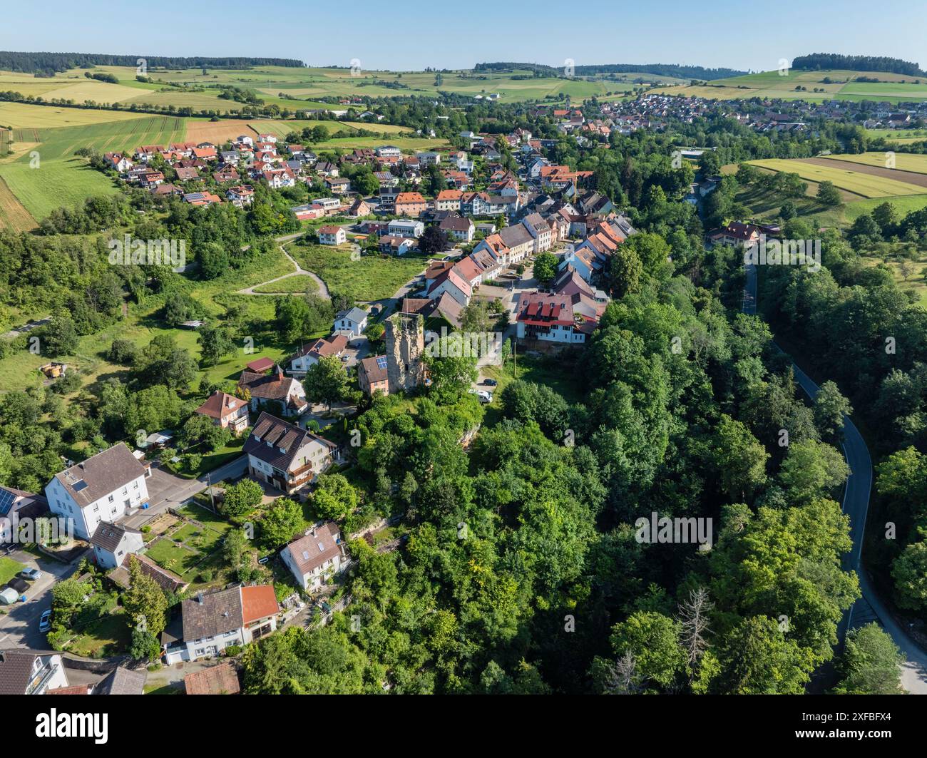 Aerial view of the old town centre of Tengen with the ruins of the ...
