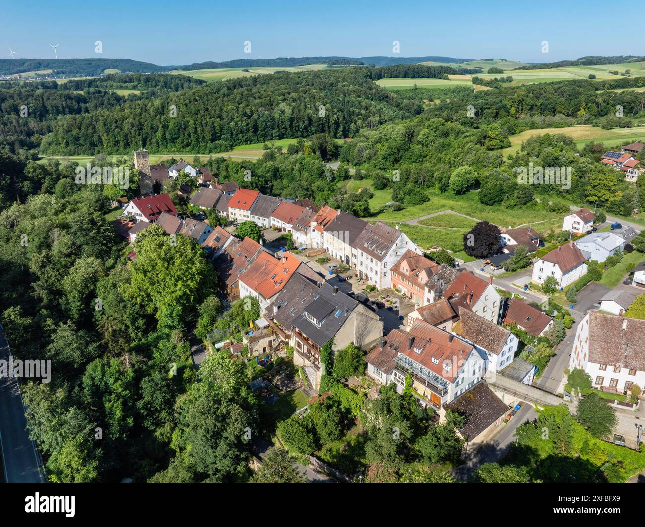 Aerial view of the old town centre of Tengen with the ruins of the ...