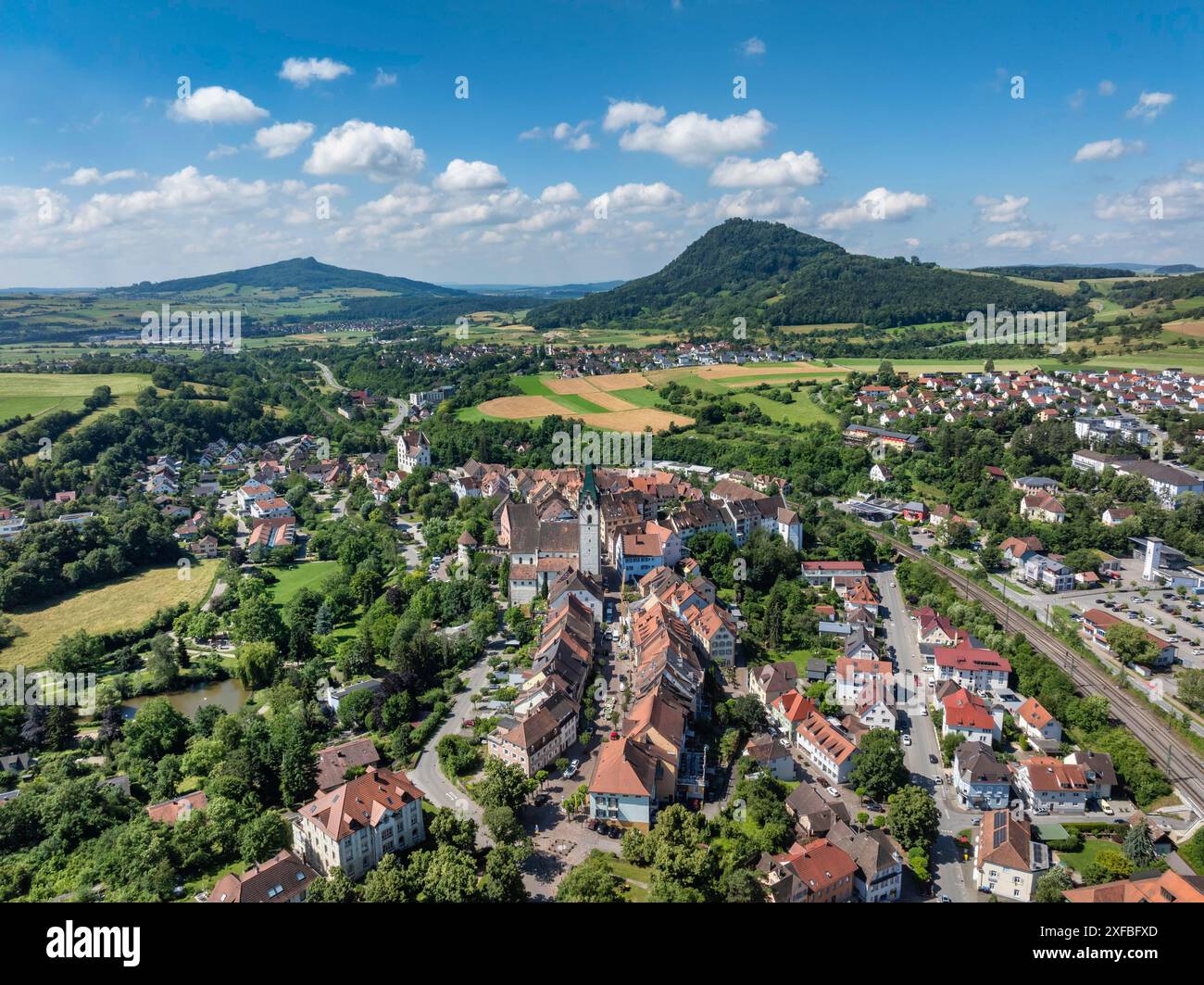 Aerial view of the town of Engen in Hegau with the Church of the ...