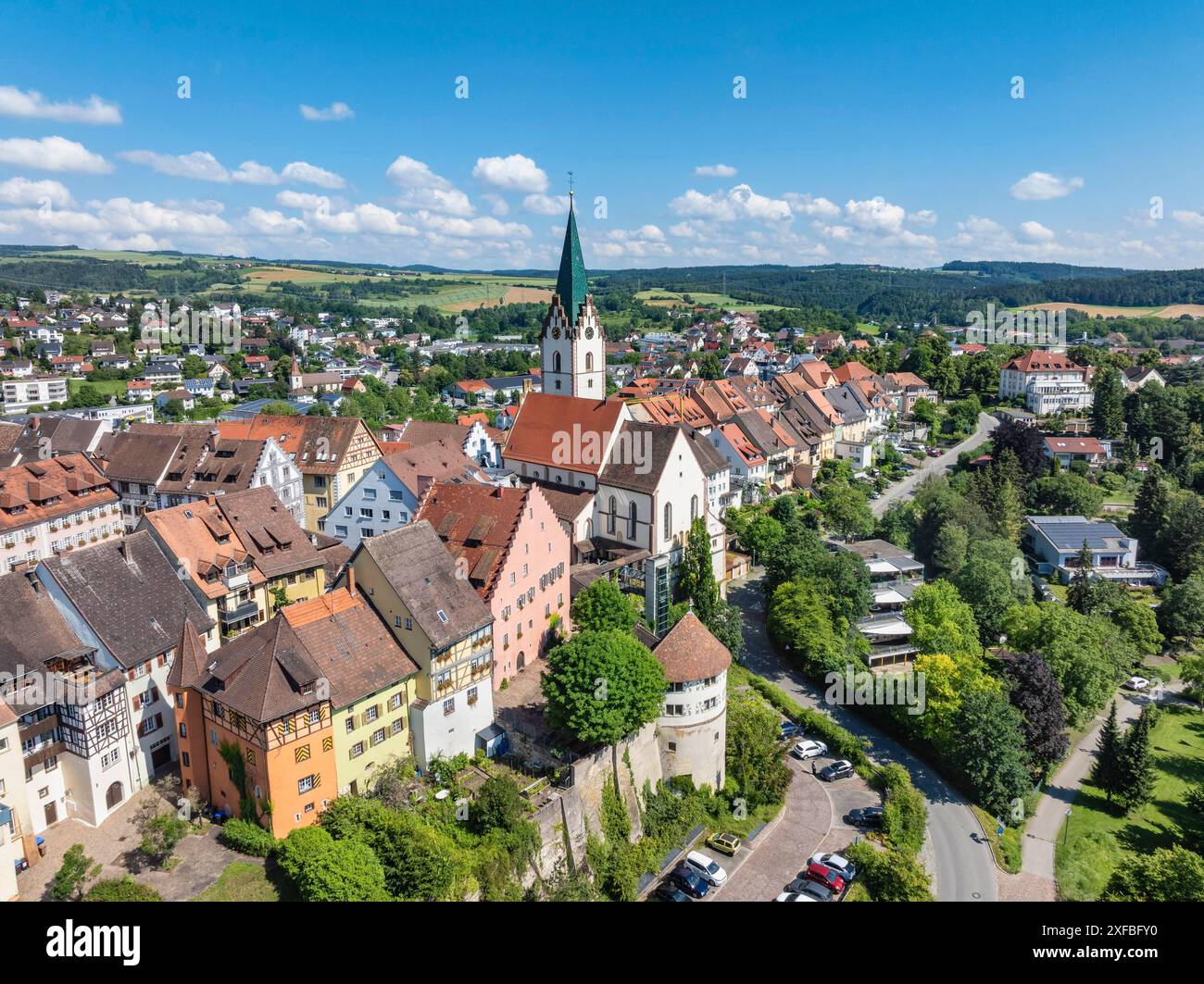 Aerial view of the town of Engen in Hegau with the Church of the ...