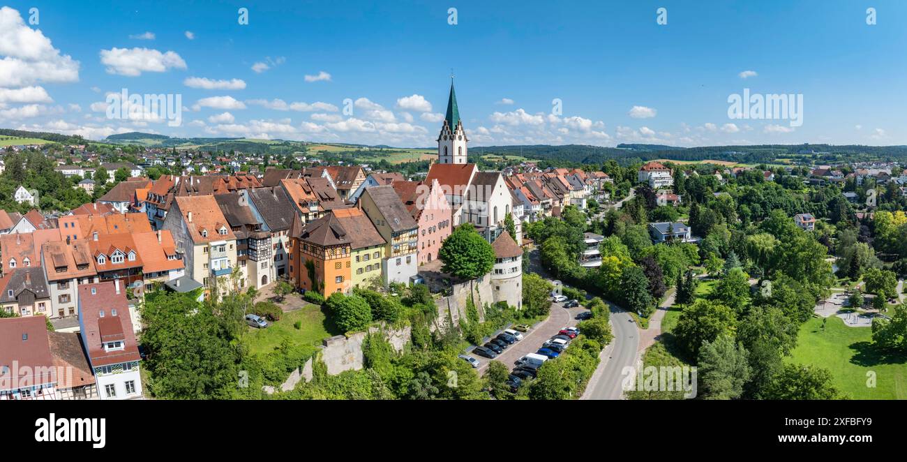 Aerial view, panorama of the town of Engen in Hegau with the Church of ...