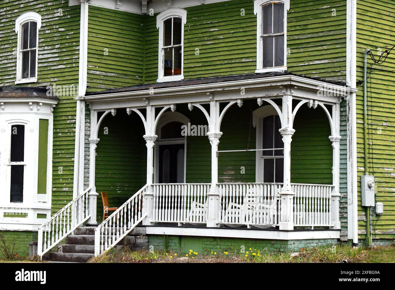 Brilliant green painted, victorian house is weathered and peeling paint. white picket railing ...