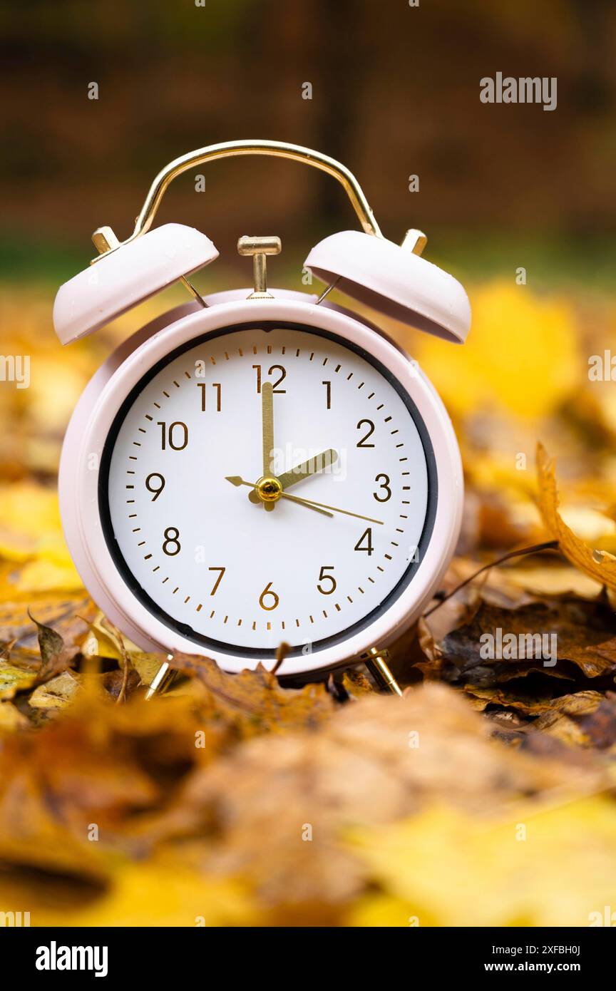 Alarm clock with autumn foliage, end of daylight saving time in fall ...