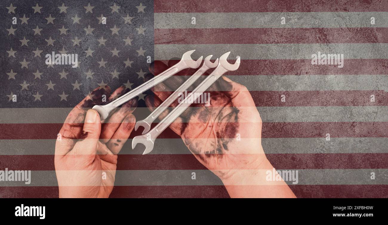 Labor day, dirty hand with wrench, american flag, handyman worker with ...