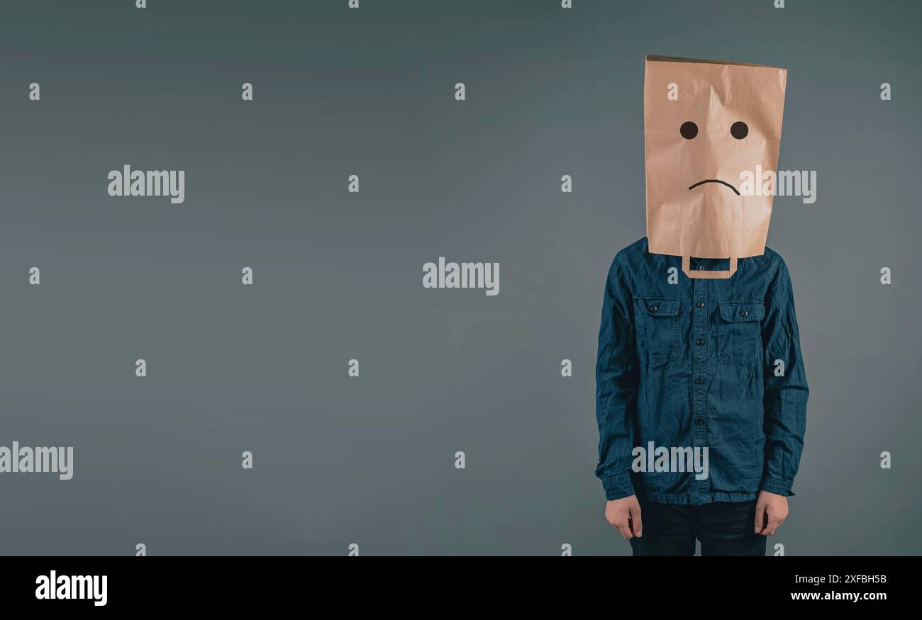 Sad face, depression, frustration and negativity, mental health concept ...