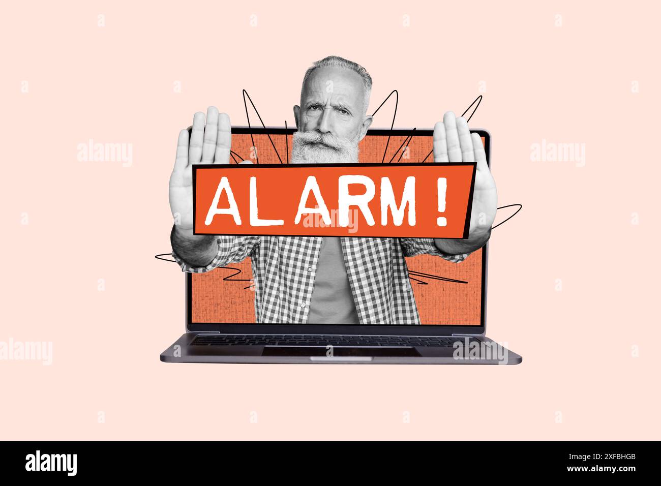 Composite photo collage of serious strict old man show alarm sign ...