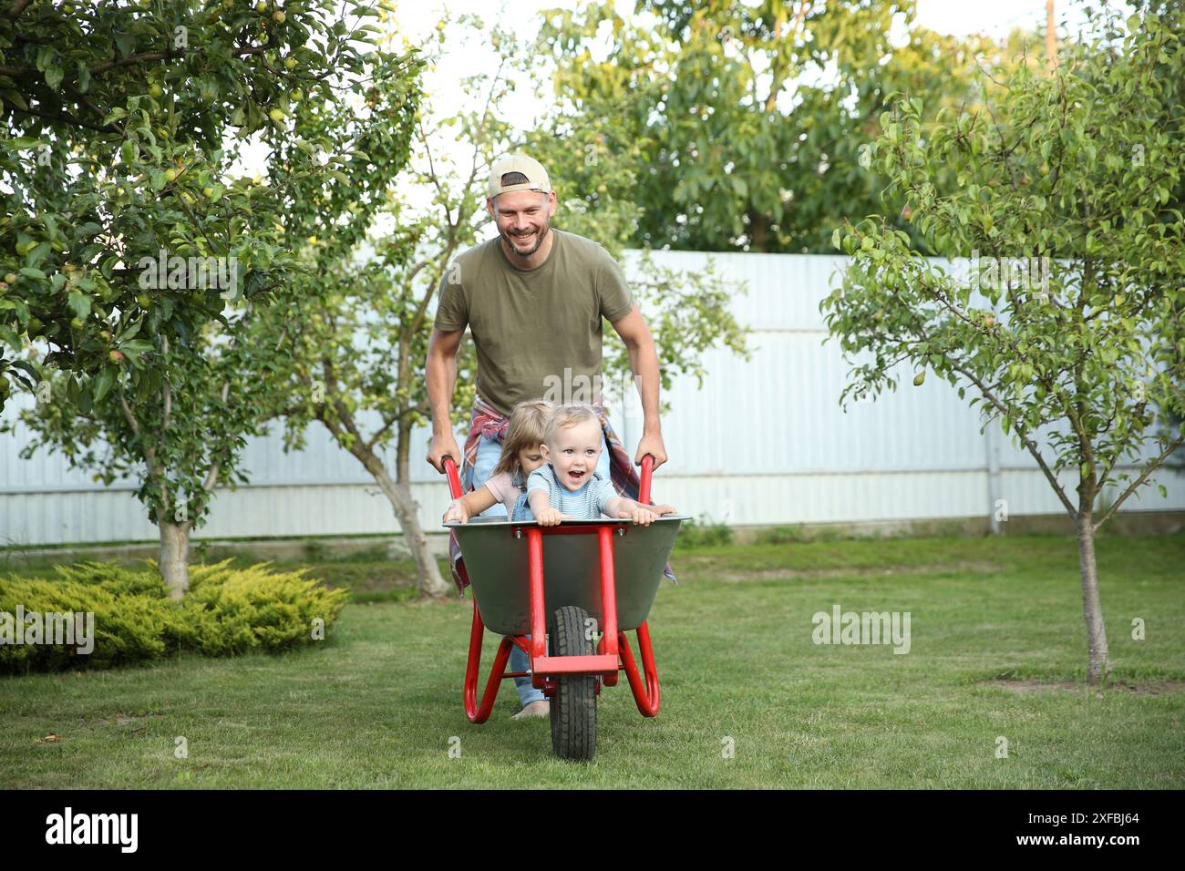 Father pushing wheelbarrow with his kids outdoors Stock Photo - Alamy