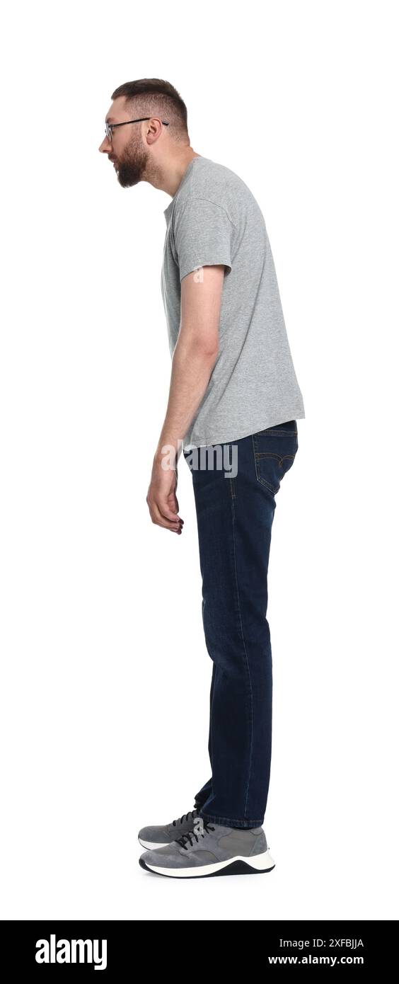 Man with poor posture on white background Stock Photo - Alamy