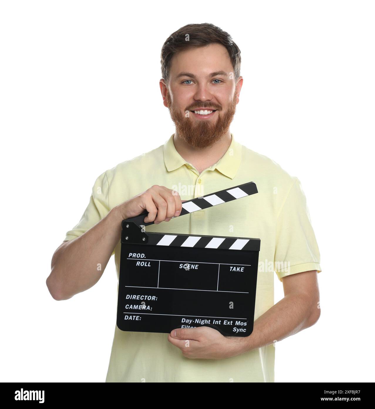 Making movie. Smiling man with clapperboard on white background Stock ...