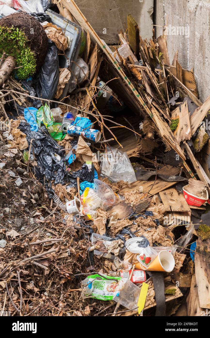 Pile of discarded cut and sawed pieces of wood, paper cups, plastic and ...