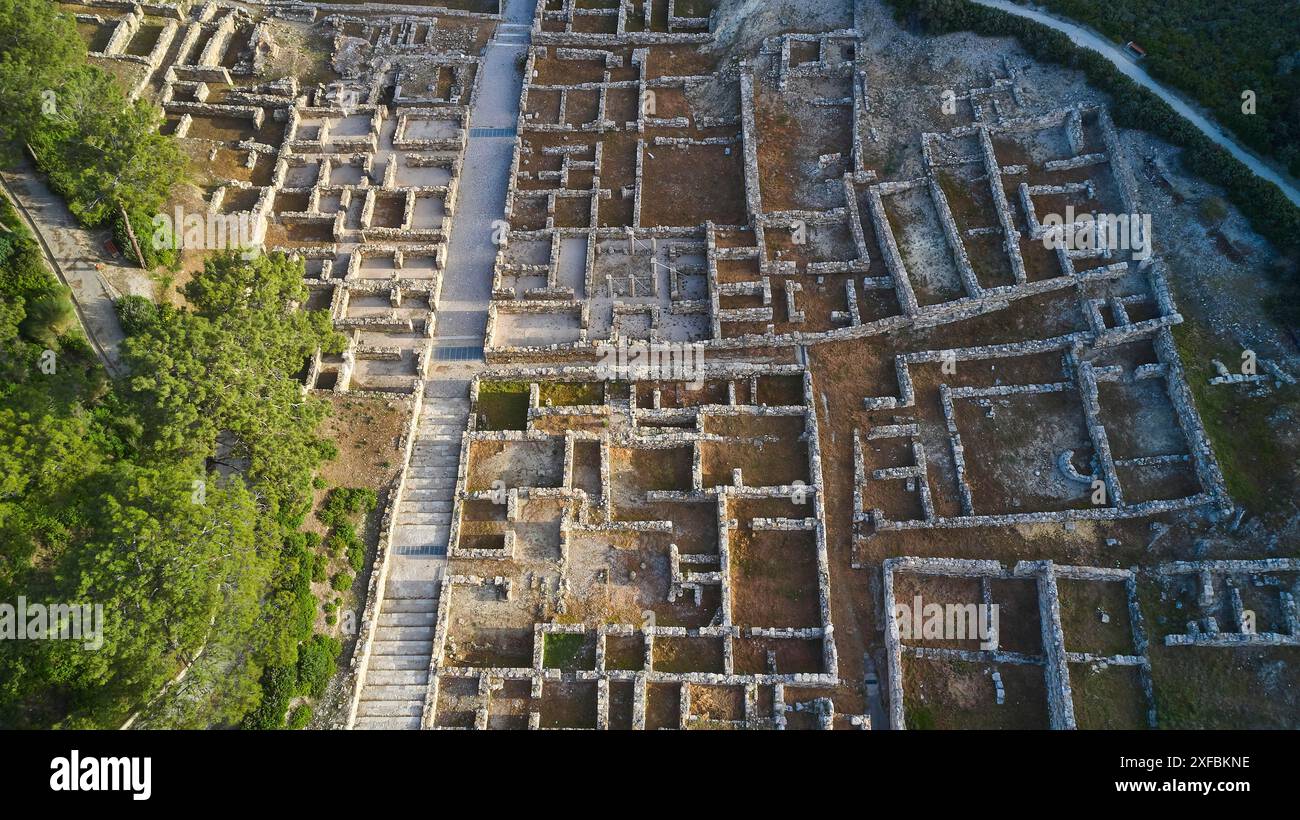 Drone shot, first morning light, Close aerial view of an ancient ruins ...