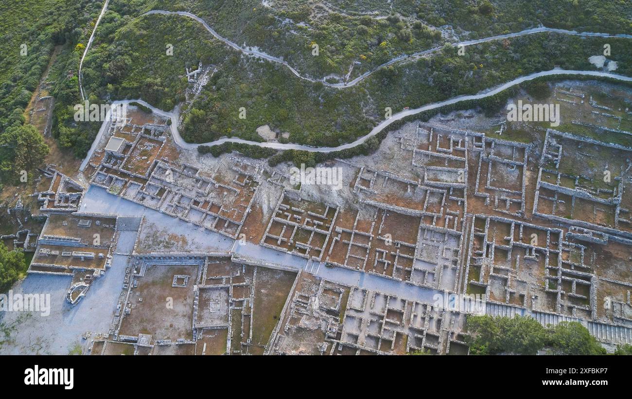 Drone image, first morning light, aerial view of a large ancient ruin ...