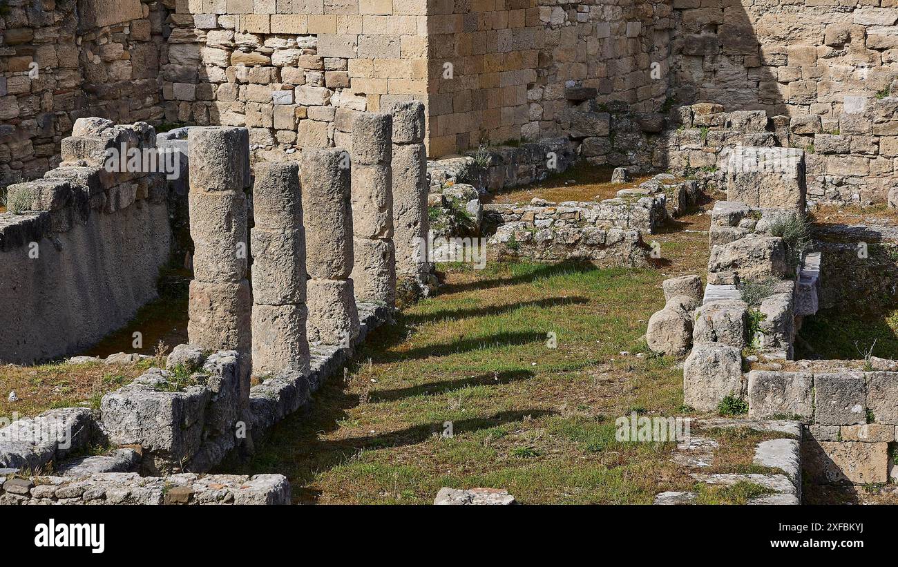 Close-up of ancient stone columns and walls overgrown with grass, part of an archaeological site ...