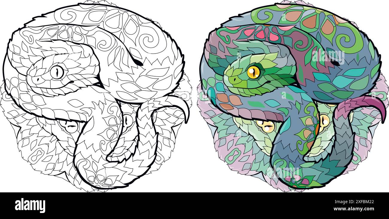 Hand drawn zentangle snake on mandala for coloring, for t-shirt and ...