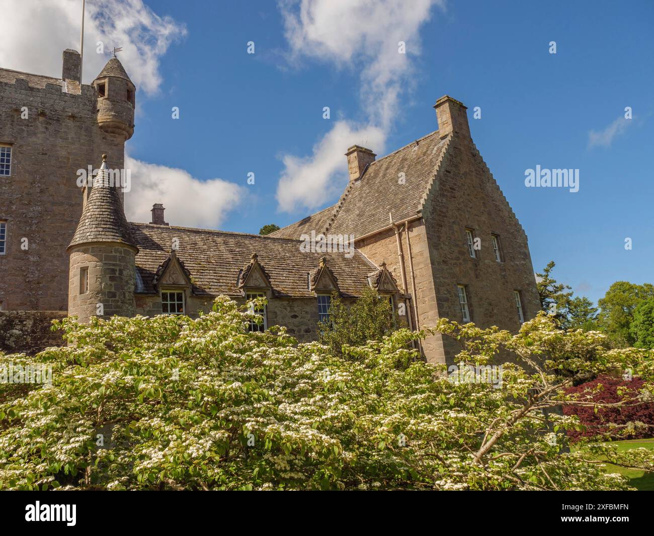 A historic castle with turrets and stone walls, surrounded by flowering ...