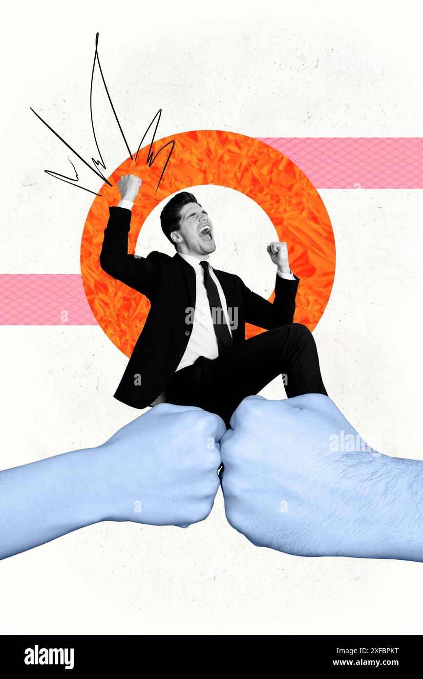 Vertical photo collage of people two hands fist kick together boom ...