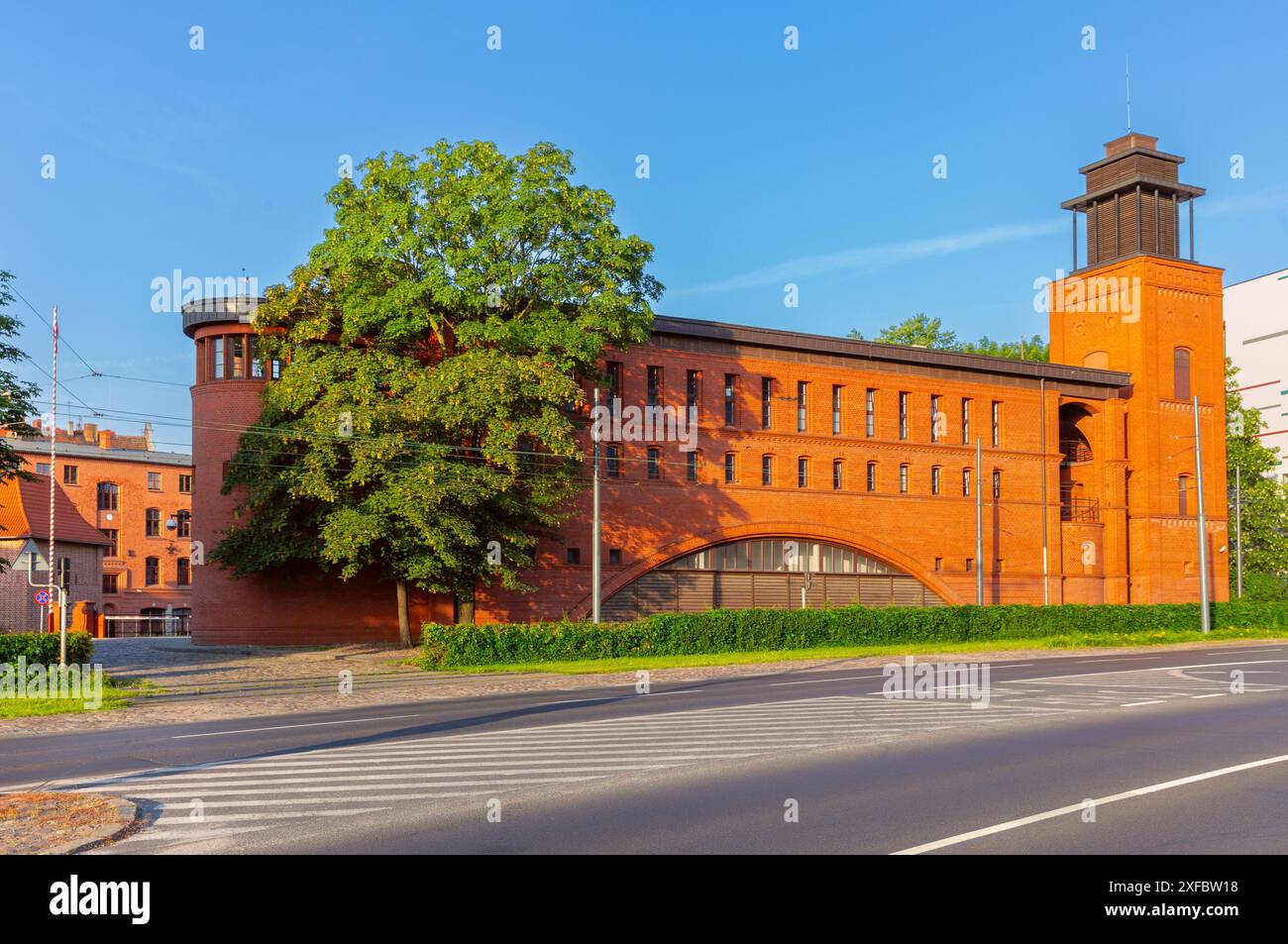 Red brick fire station facade in Poznan early morning, Poland Stock ...