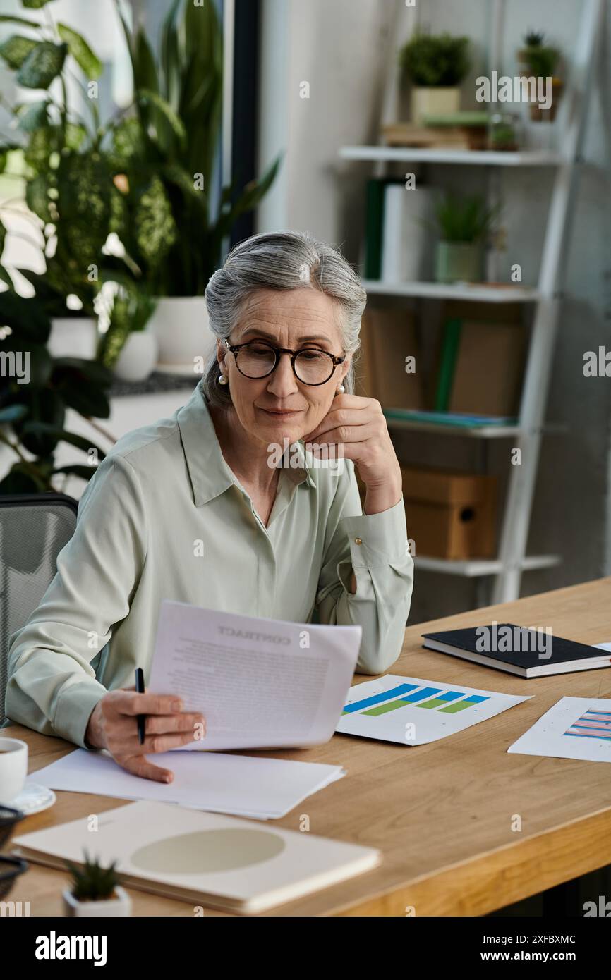 A woman with papers and pen working diligently at a desk Stock Photo ...