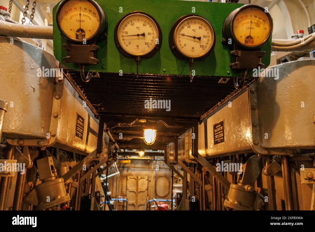 Engine room of a ship with various measuring instruments and technical ...