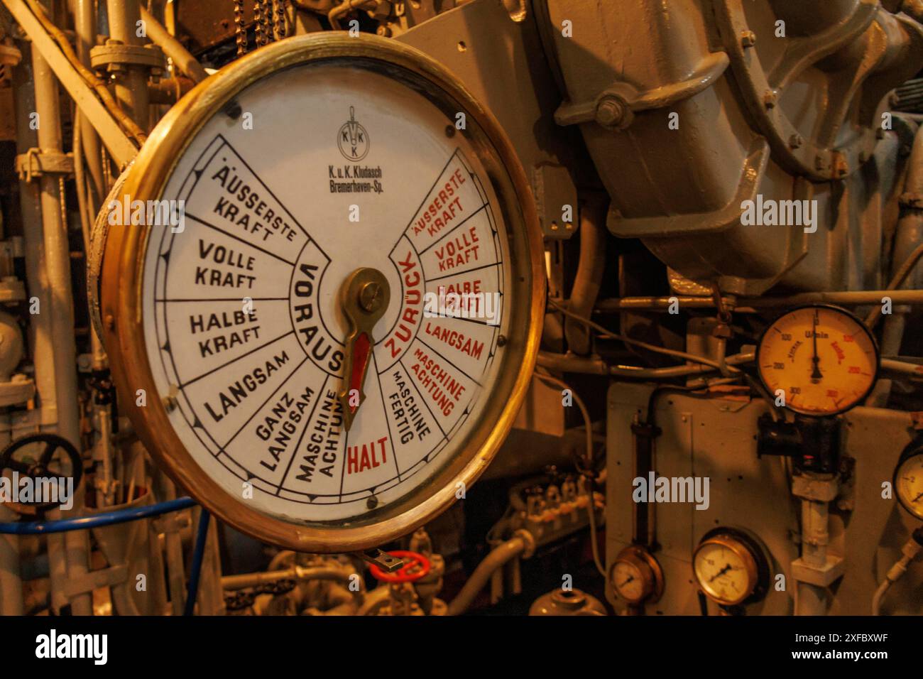 Engine room of a ship with control unit and measuring instruments ...
