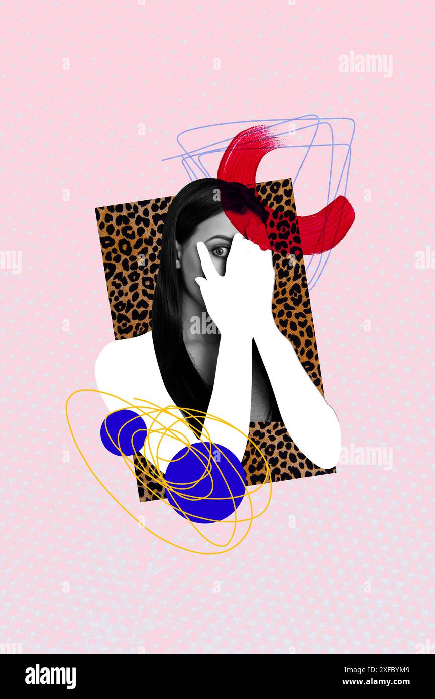 Vertical collage poster young girl cover face stressed shaming hide ...