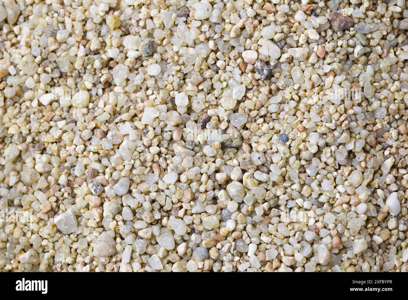 Flat texture of a pile of sand with small rocks and pebbles. Top view ...