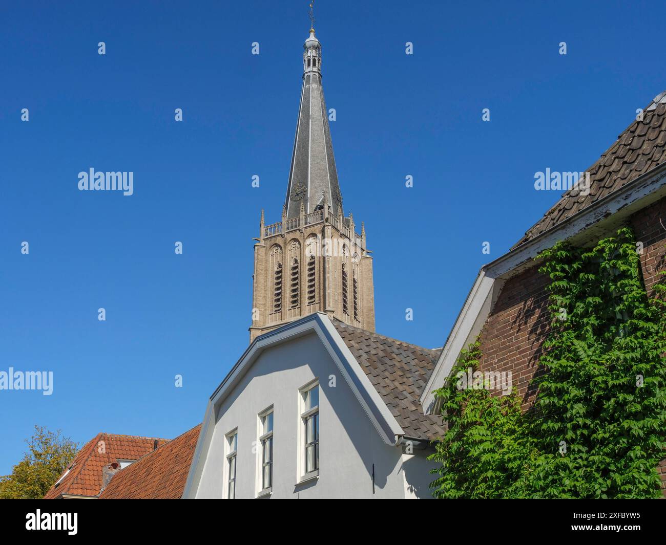 Large Gothic church tower towers over a postcard-worthy building with a ...