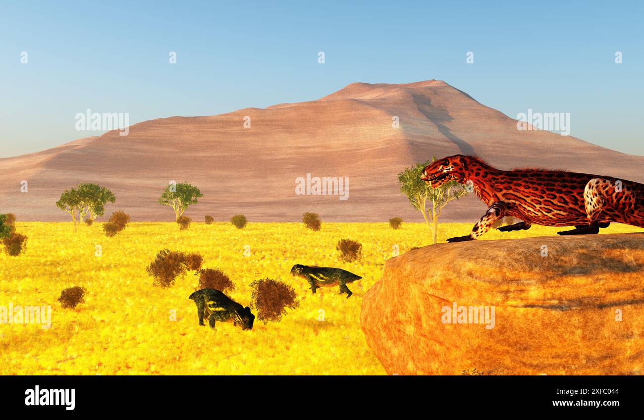 Lycaenops sneaks up to two Lystrosaurus animals while they eat during ...