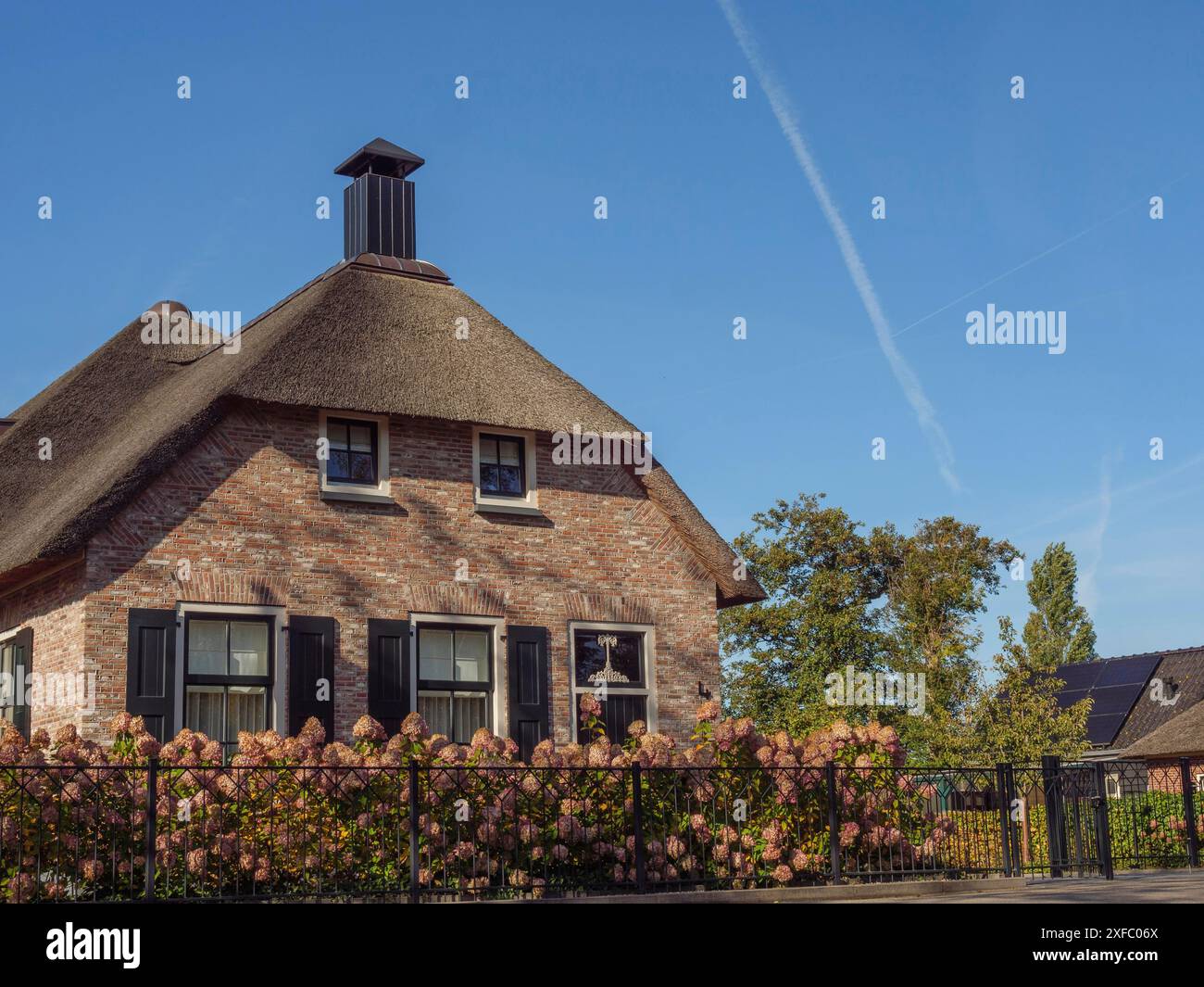 Brick house with thatched roof behind a garden fence full of blooming ...