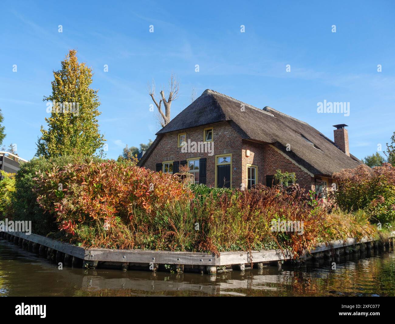 Brick house with thatched roof, surrounded by autumn leaves, next to a ...