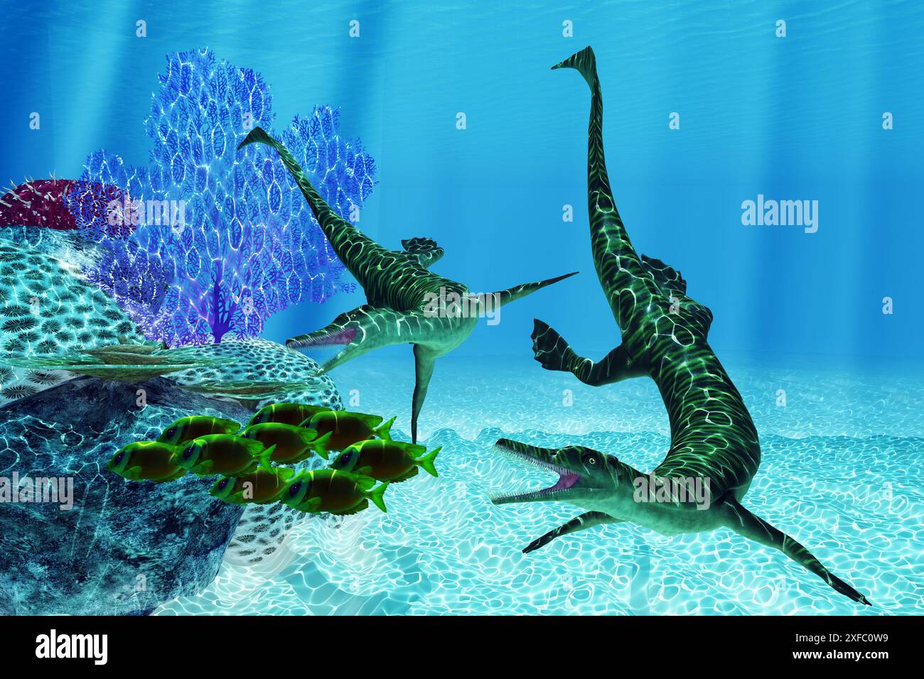 Two Mesosaurus marine predators chase after a school of Lemonpeel ...