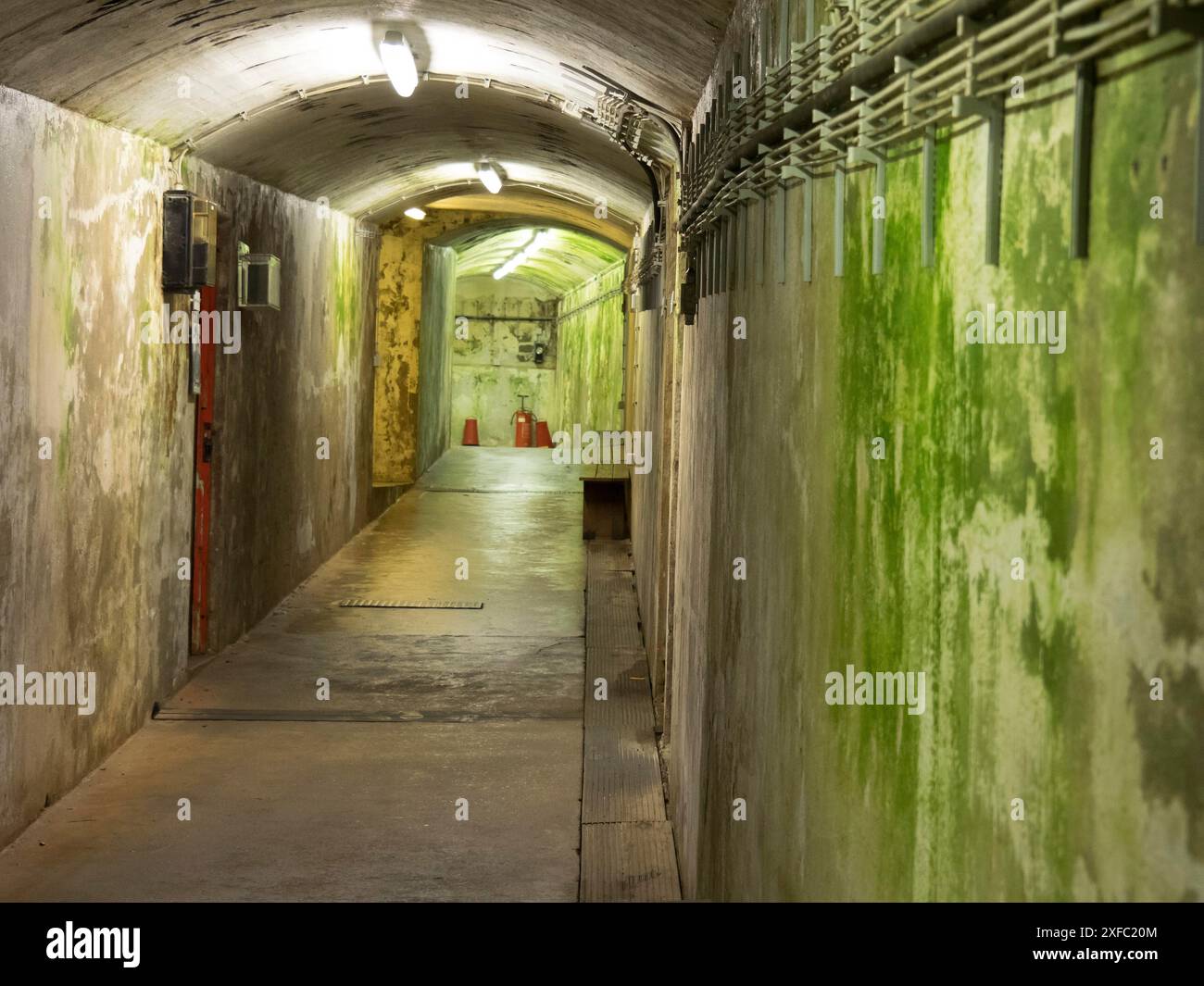 Damp and abandoned tunnel with moss-covered concrete walls and gloomy ...