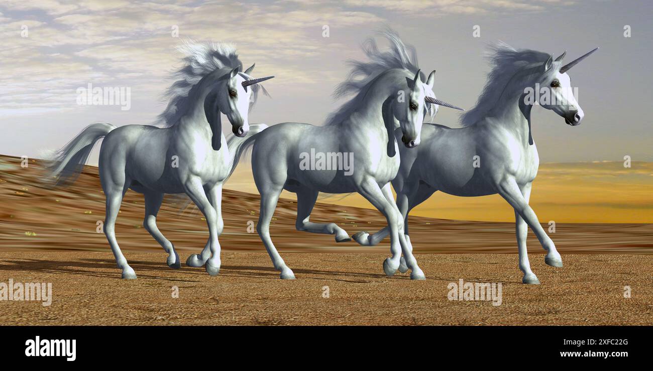 Three white unicorns with flowing manes gallop together in a desert ...