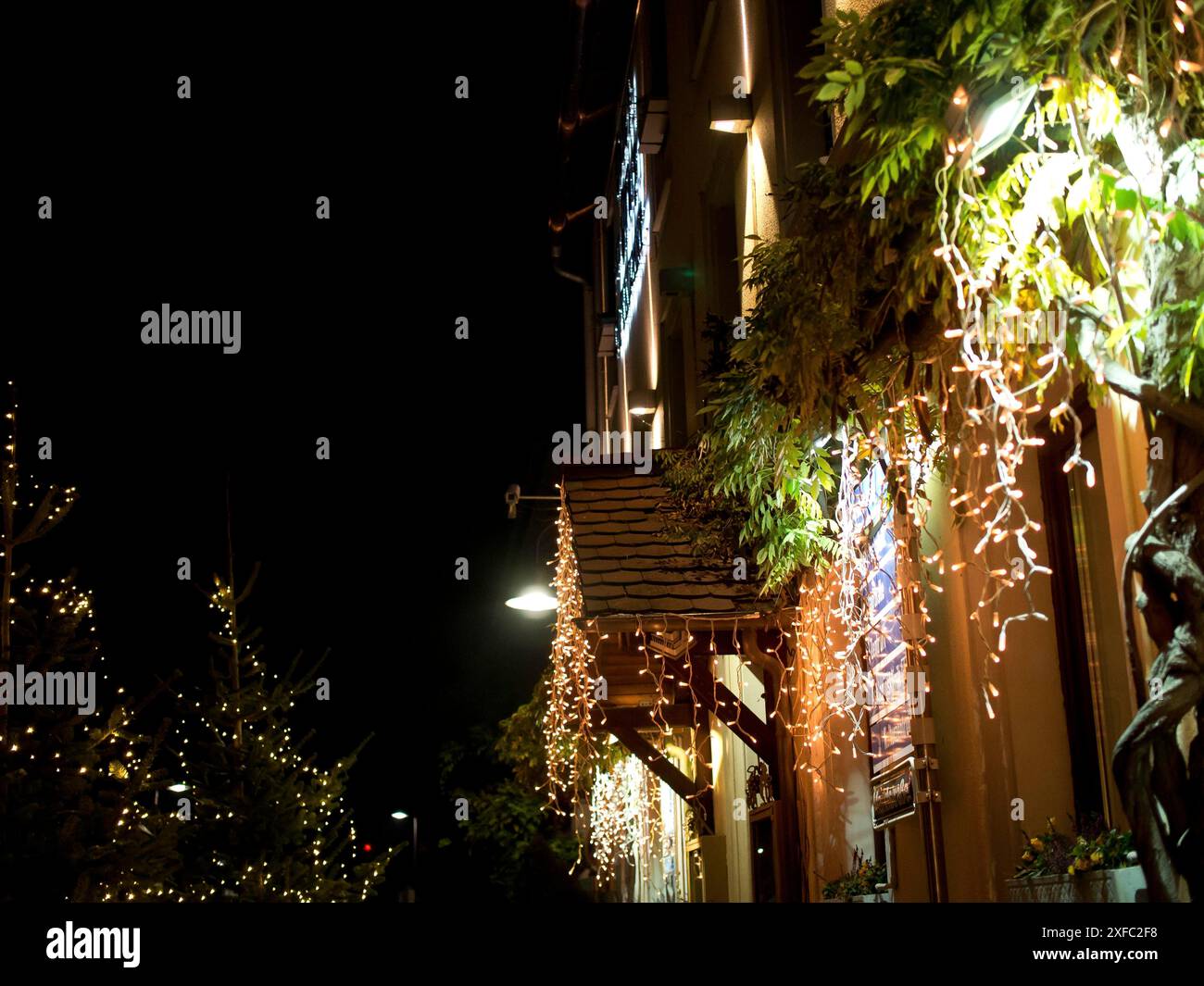 Night scene with illuminated building, decorated with fairy lights and ...