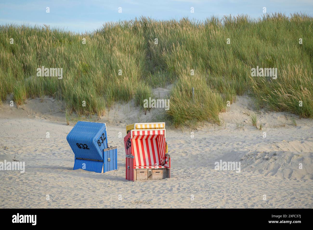 Two colourful beach chairs stand alone on a sandy beach in front of ...