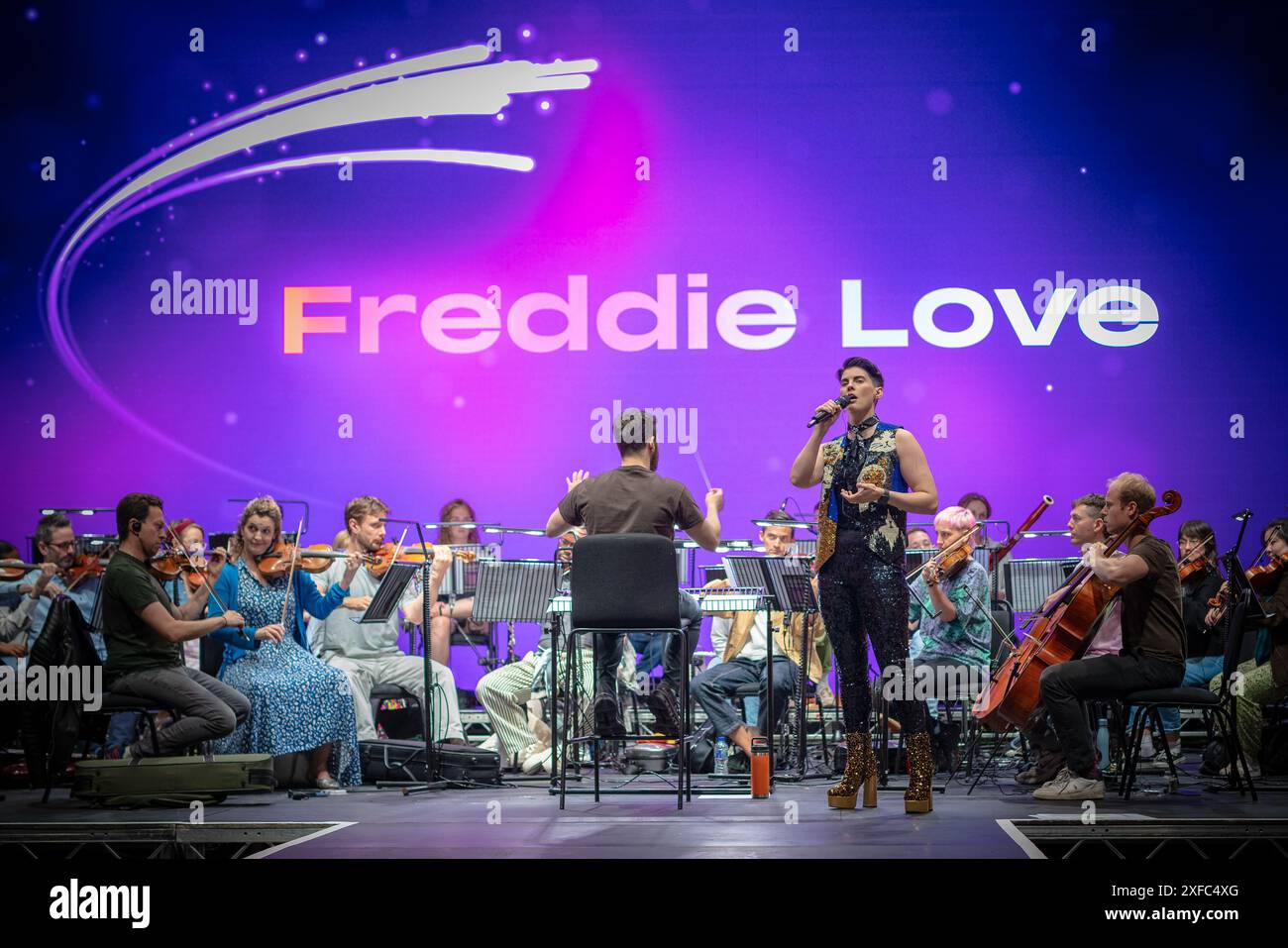 London, UK. 2nd July 2024. Artist Freddie Love rehearsing for ...