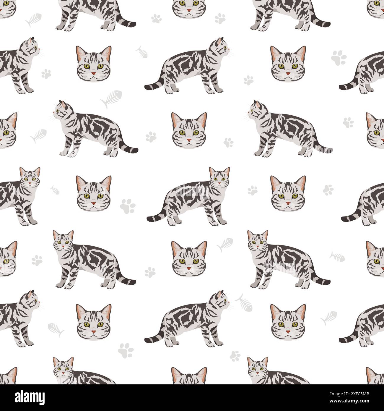 American Shorthair cat seamless pattern. All coat colors set. All cat ...