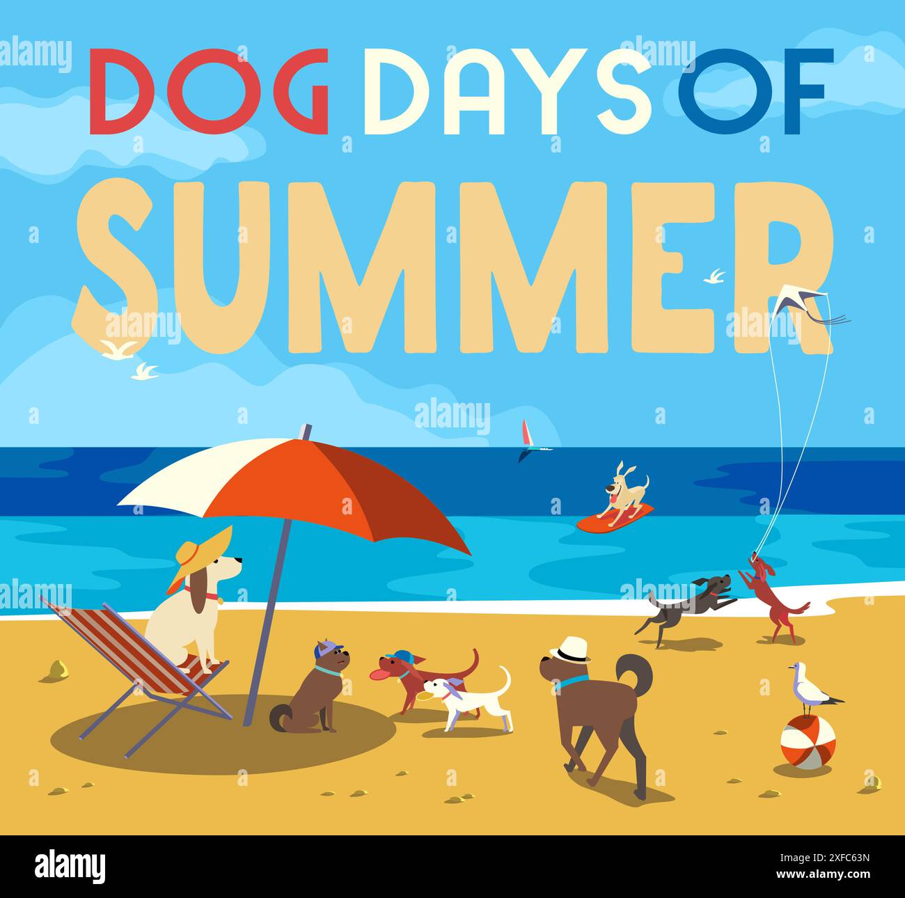 Dog Days of Summer rest on sea sandy beach vector poster. Cute dogs fun relaxing, playing ...