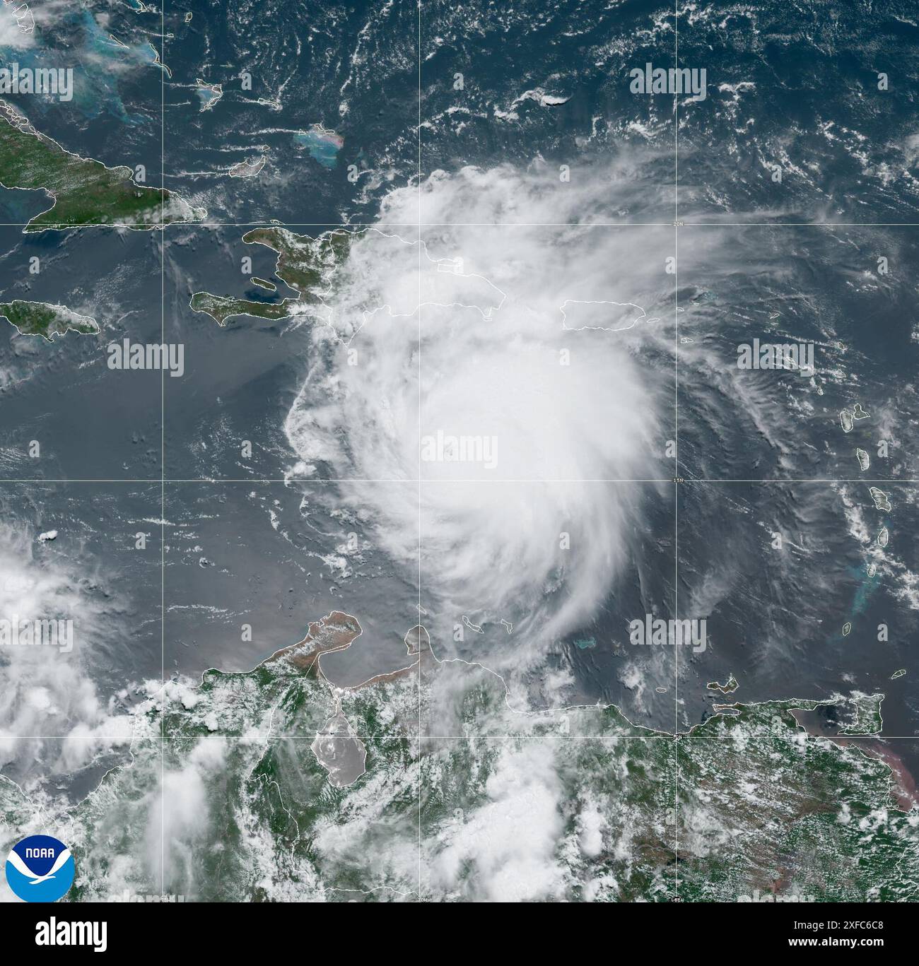 Caribbean. 2nd July, 2024. Hurricane Beryl is powering west across the ...
