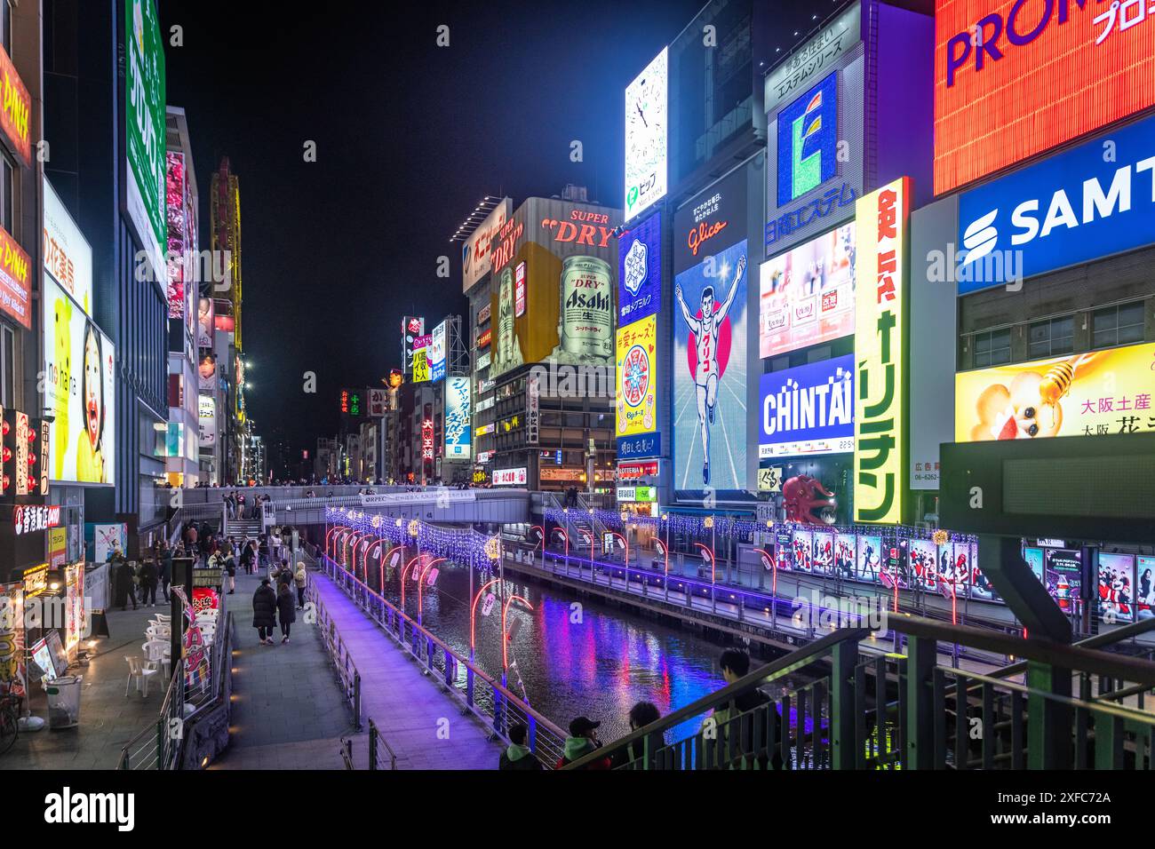 Night view of the canal in Dotonbori, one of Osaka's principal tourist ...