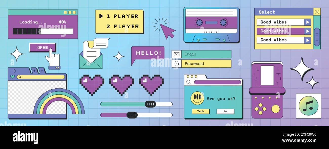 Old aesthetic computer stickers in y2k style. Vector set of retro vaporwave buttons, message ...