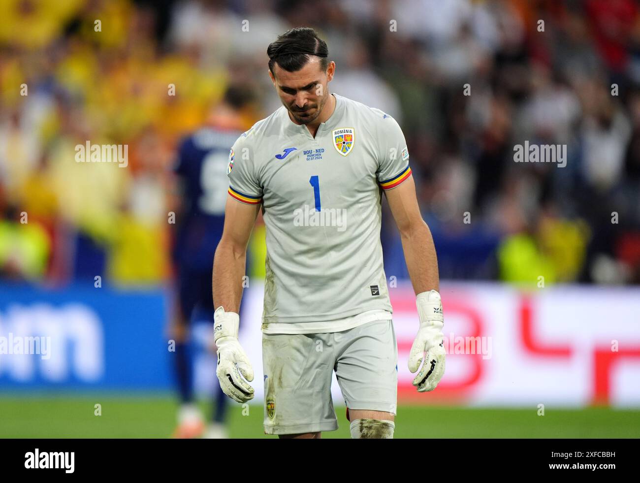 Romania goalkeeper Florin Nita reacts after Netherlands's Denzel ...