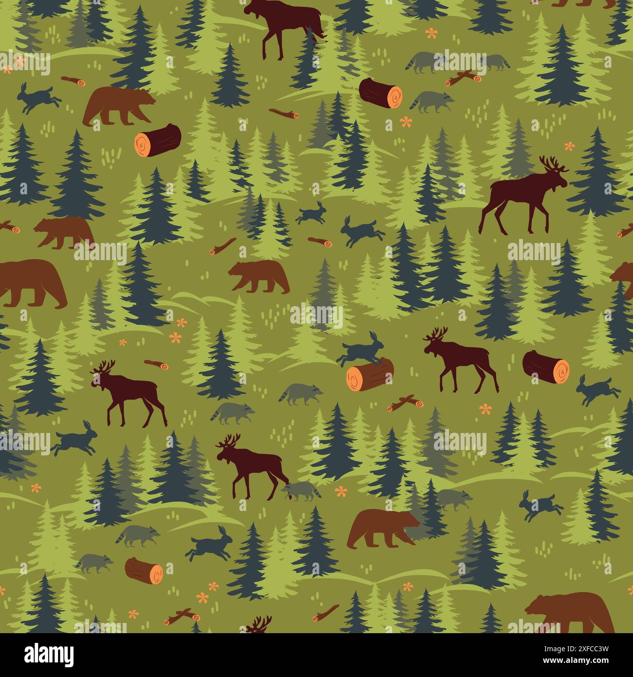 Forest Tree Landscape with Elk, Raccoon, Bears and Hares Seamless ...